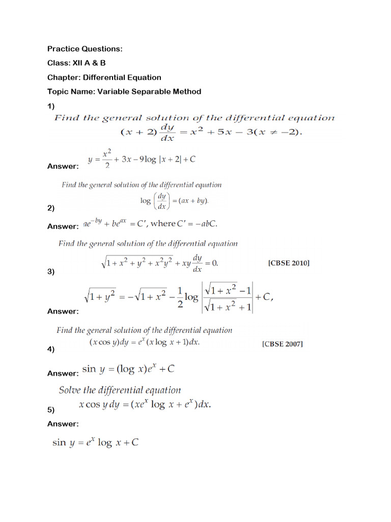 Practice Questions Variable Separabele Method Pdf 