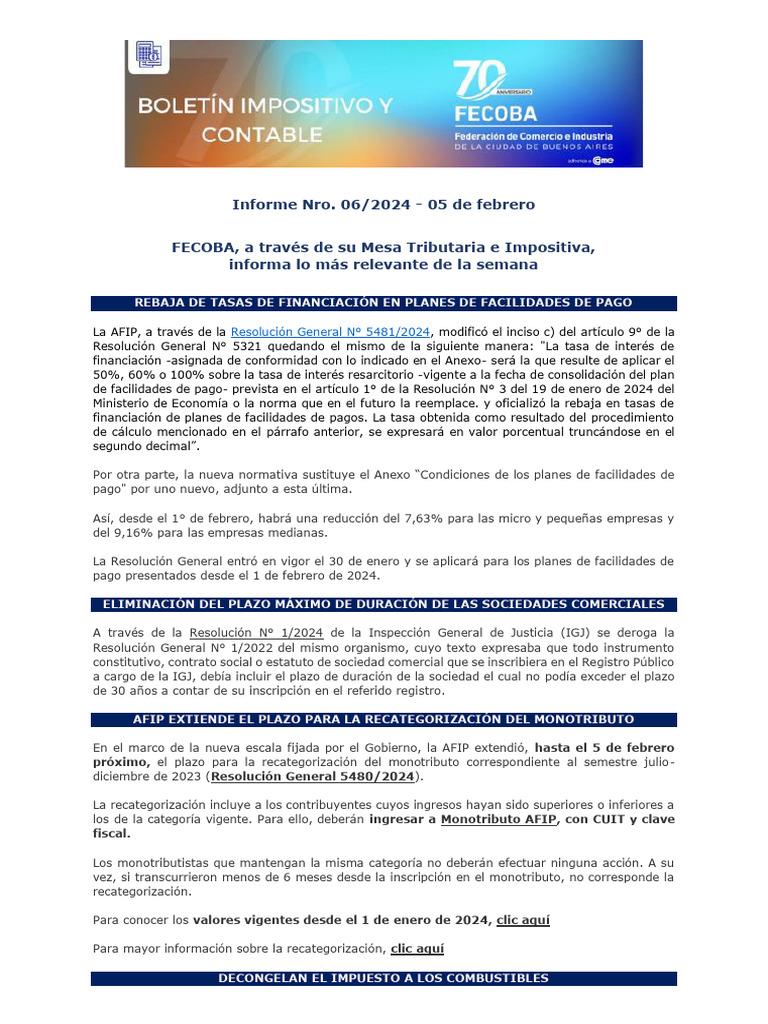 Boletín Impositivo Contable FECOBA - Informe Nro. 6-2024 | PDF | Impuestos