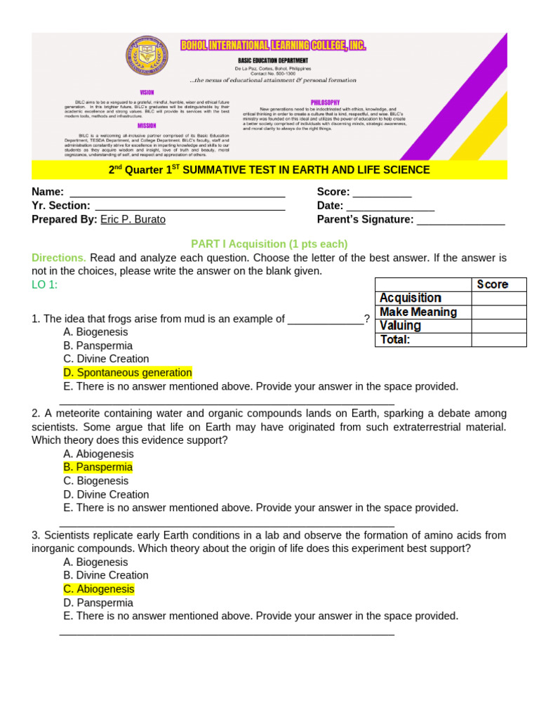 Earth and Life Science Summative Test | PDF | Reproduction | Microorganism