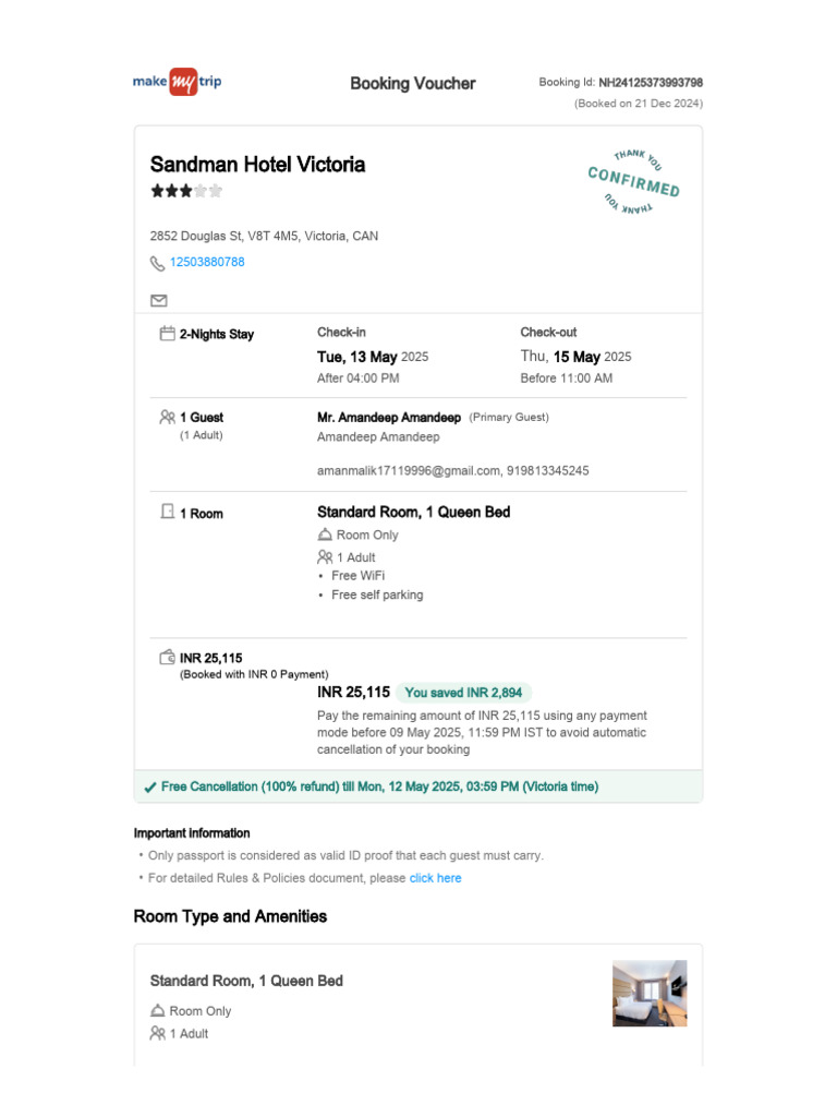 Standard Queen Room Booking Details | PDF | Credit Card