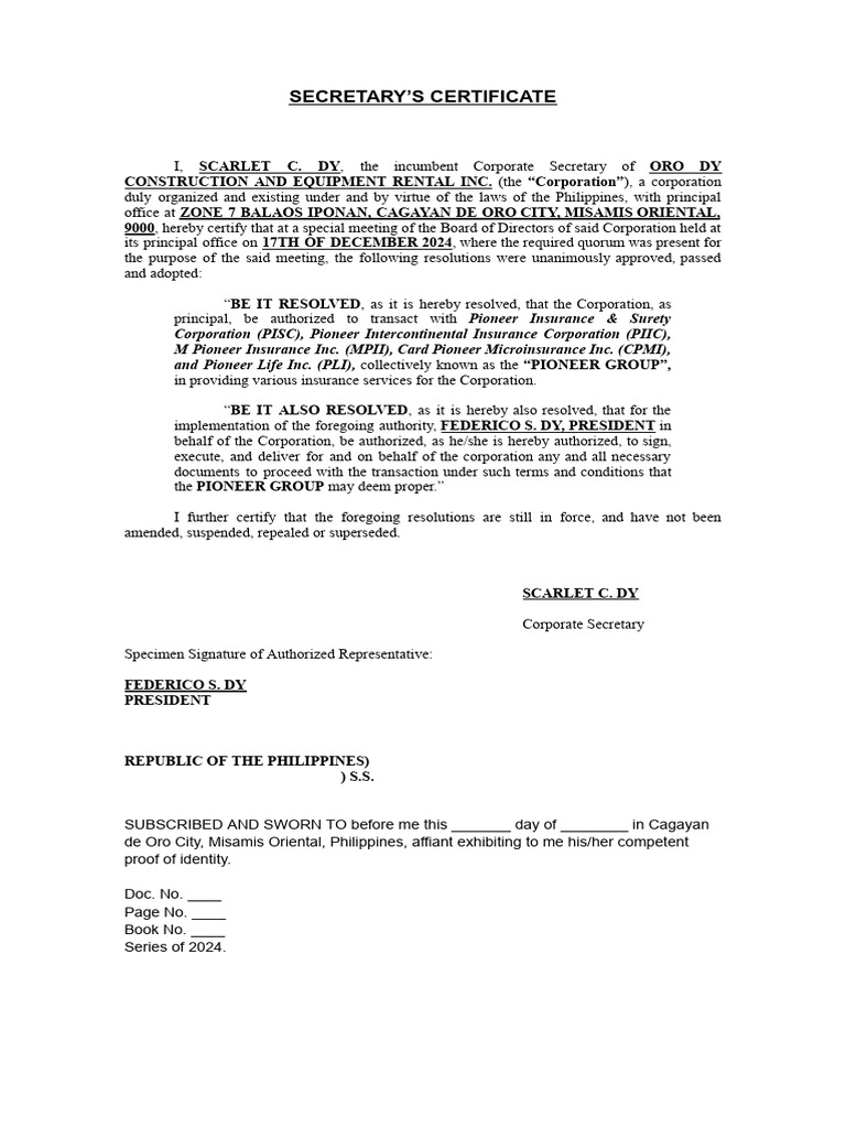 Sec Cert For Authorizing Signatories - KYC Purposes Template | PDF