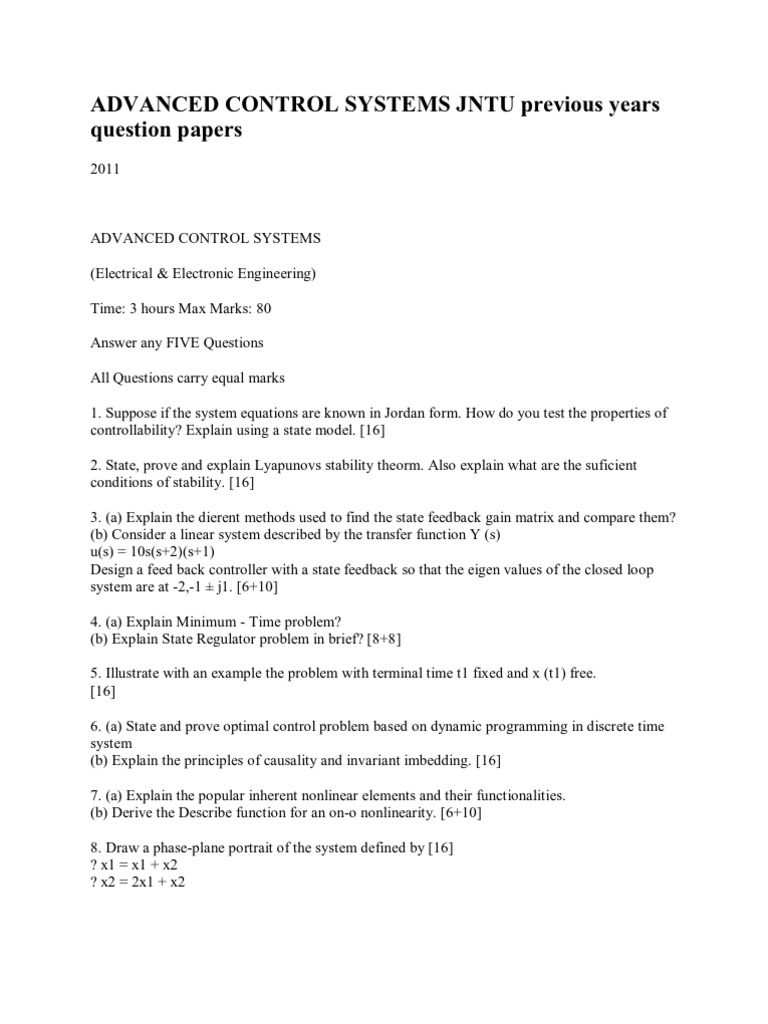 ADVANCED CONTROL SYSTEMS JNTU Previous Years Question Papers | PDF