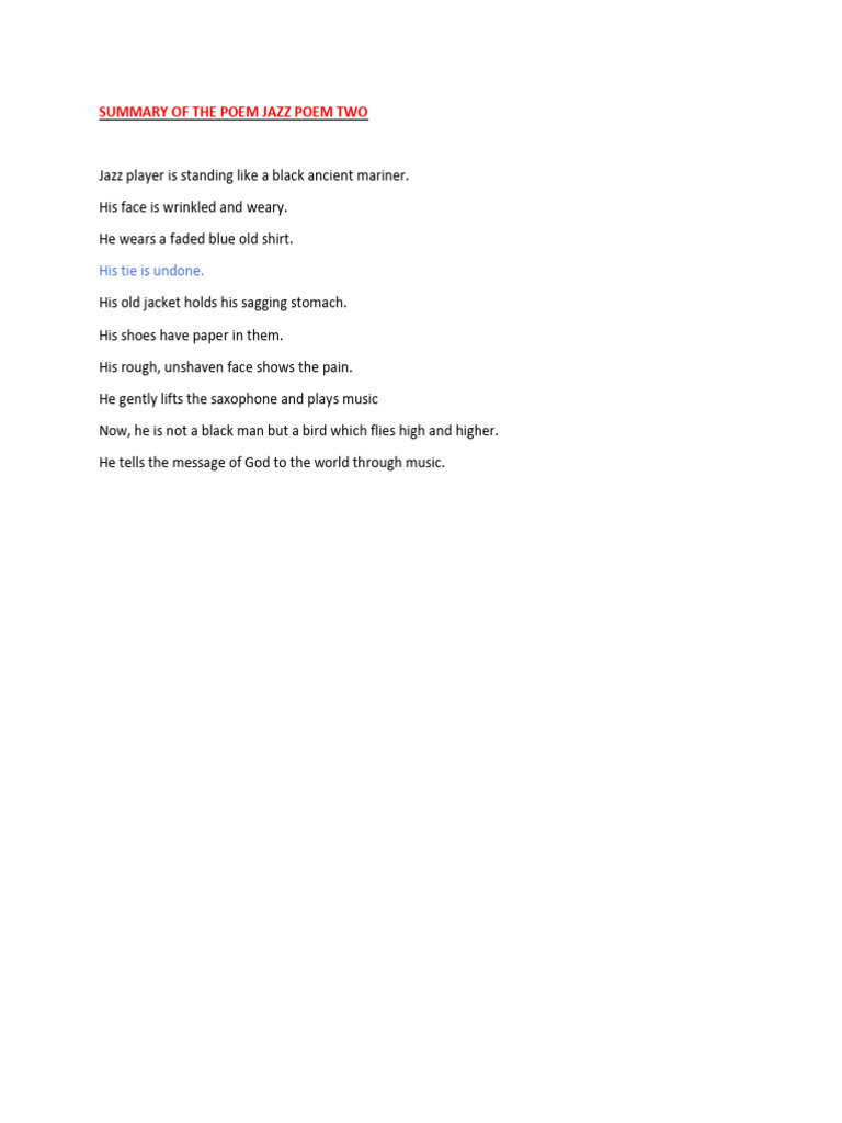 Summary of Jazz Poem Two | PDF