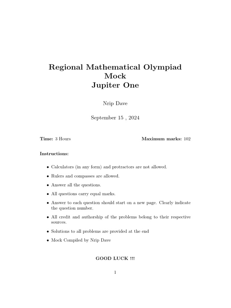 Jupiter One RMO Mock Test | PDF | Abstract Algebra | Elementary Geometry