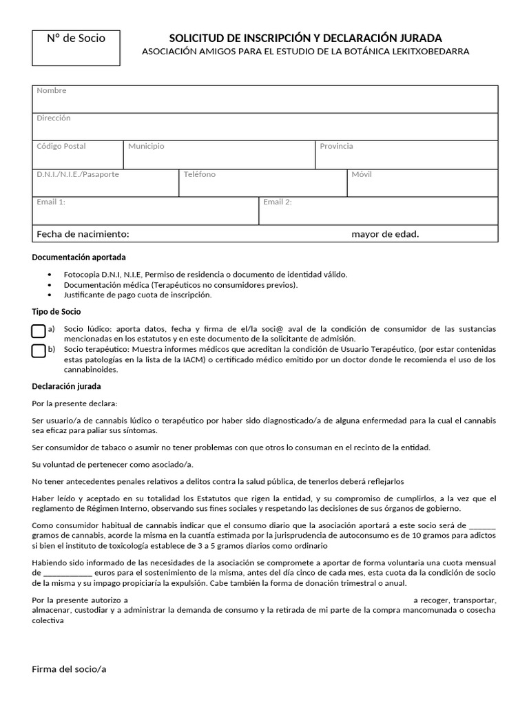 Solicitud Alta de Nuevo Socio | PDF | Cannabis (Droga)