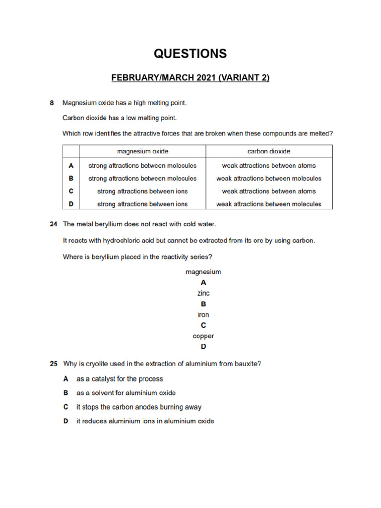 Chemistry 0620 2021 Paper 2 Questions | PDF