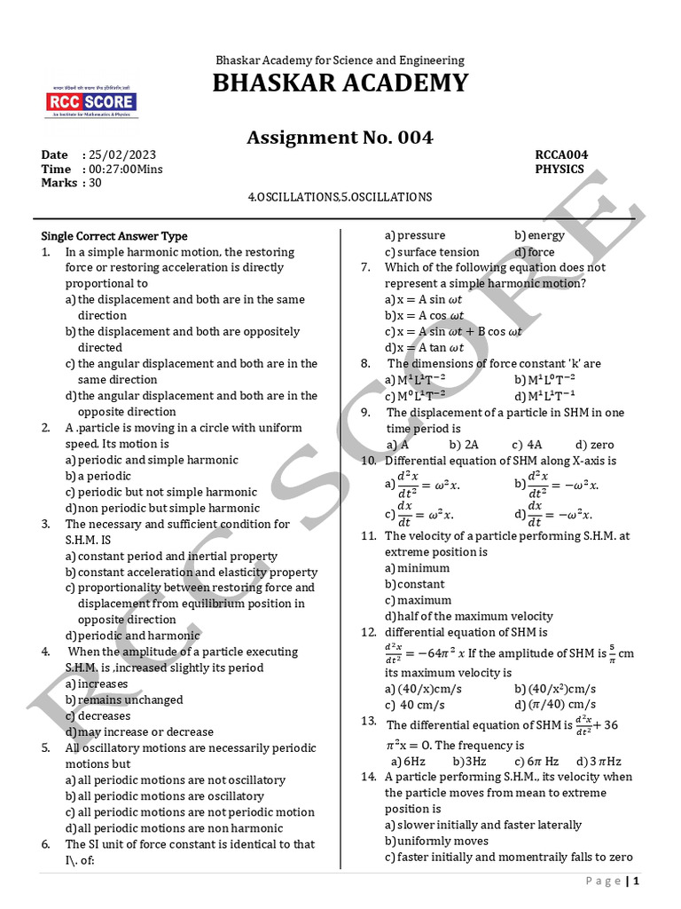 Assignment No. 004- Physics - Oscillations | PDF | Oscillation | Acceleration