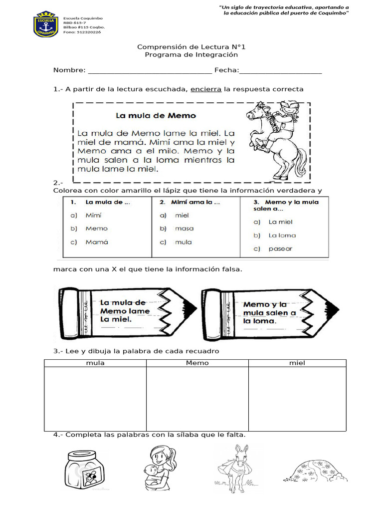Comprensión de Lectura #1 Primero Básico | PDF