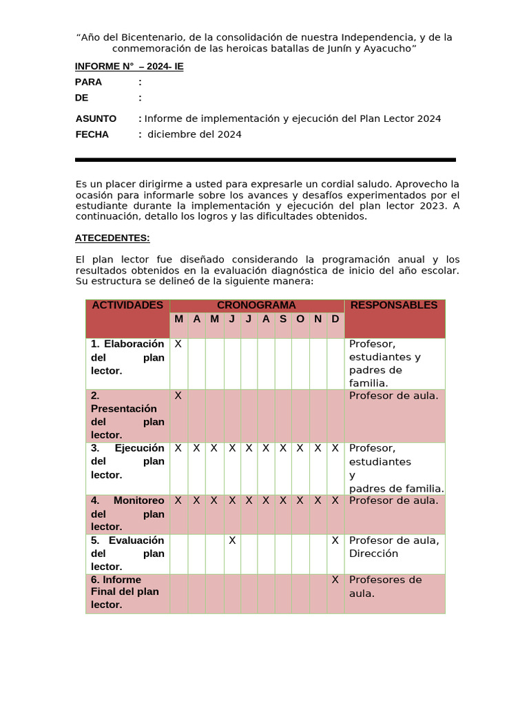 4. Informe de Implementación y Ejecución Del Plan Lector 2024 | PDF | Modificación de ...