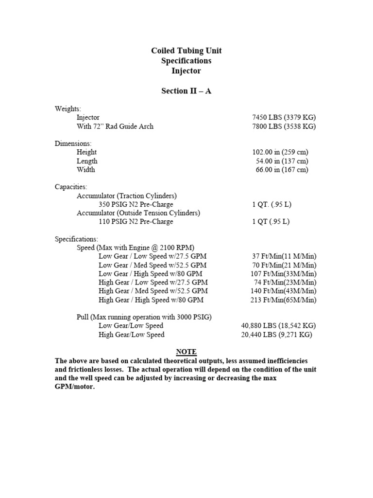 Coiled Tubing Injector Specs | PDF | Valve | Chemical Engineering