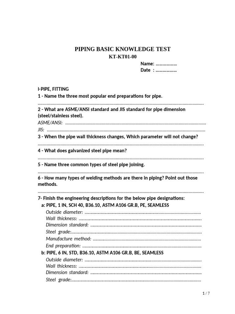 Piping Knowledge Test Questions | PDF | Pipe (Fluid Conveyance) | Valve