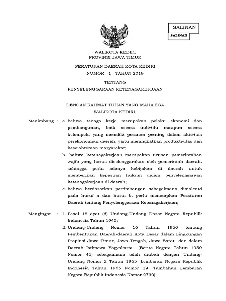 1 PERDA 2019 TENTANG PENYELENGGARAAN KETENAGAKERJAAN | PDF