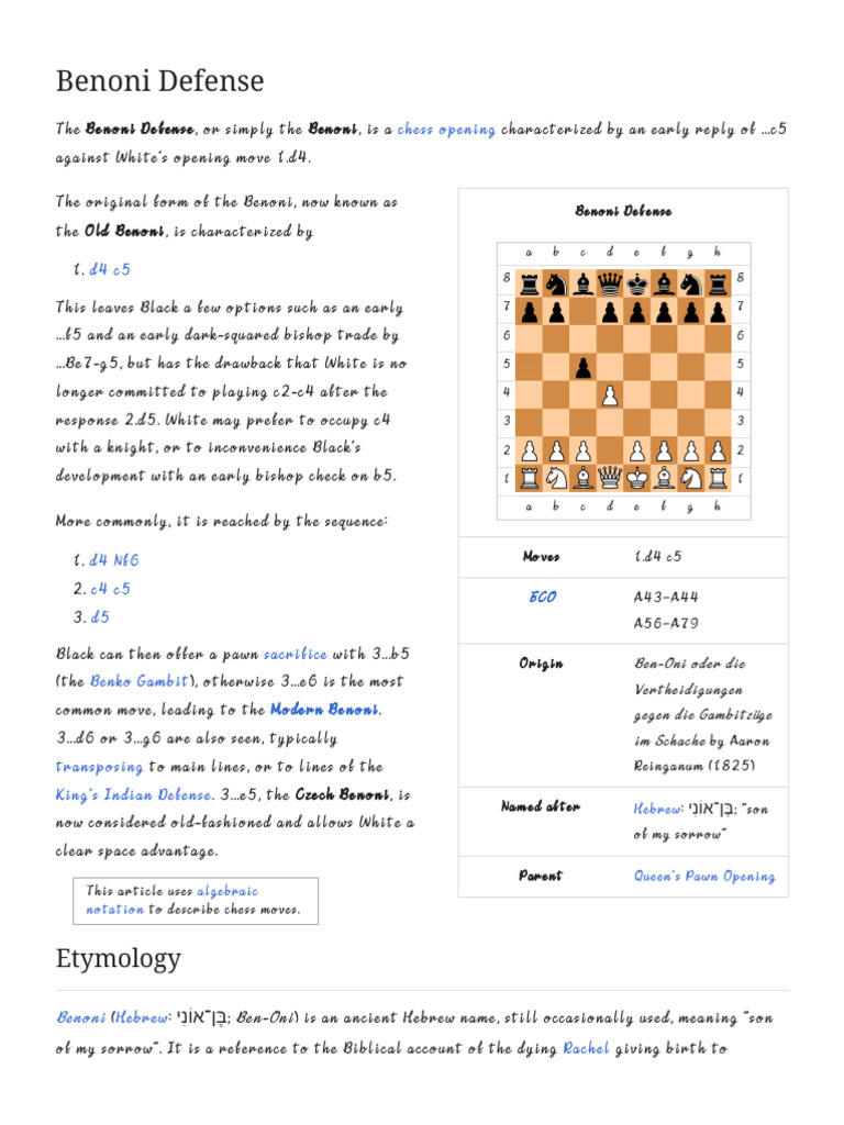 Benoni Defense - Wikipedia | PDF | Chess Openings | Chess Theory
