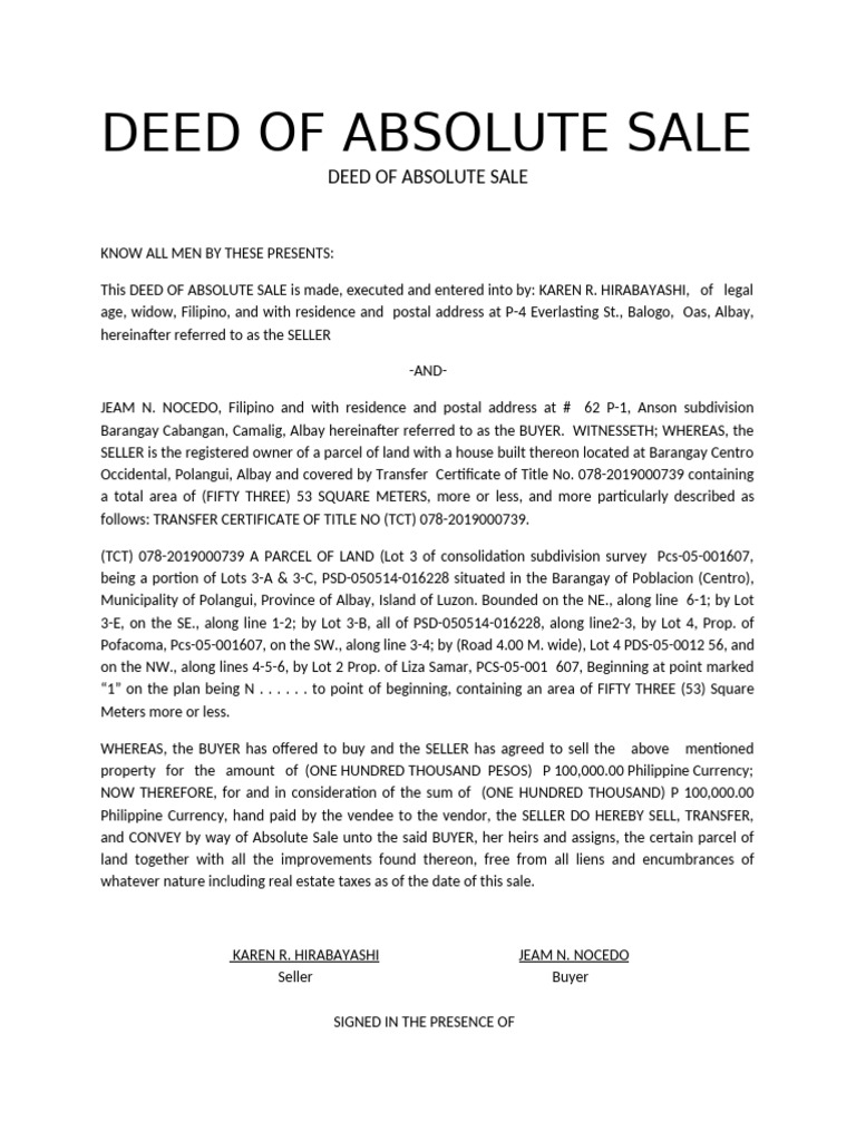 DEED OF ABSOLUTE SALE | PDF | Common Law | Civil Law (Common Law)