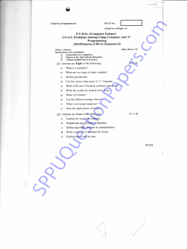 BSC Computer Science Cs Semester 1 2023 April Problem Solving Using Computer and C Programming ...