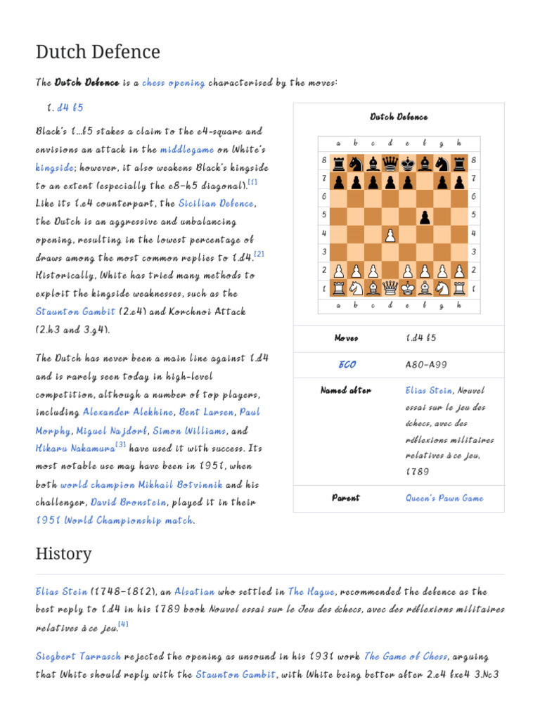 Dutch Defence - Wikipedia | PDF | Chess | Chess Theory