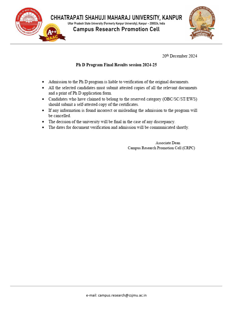 PhD Admission Results 2024-25 | PDF