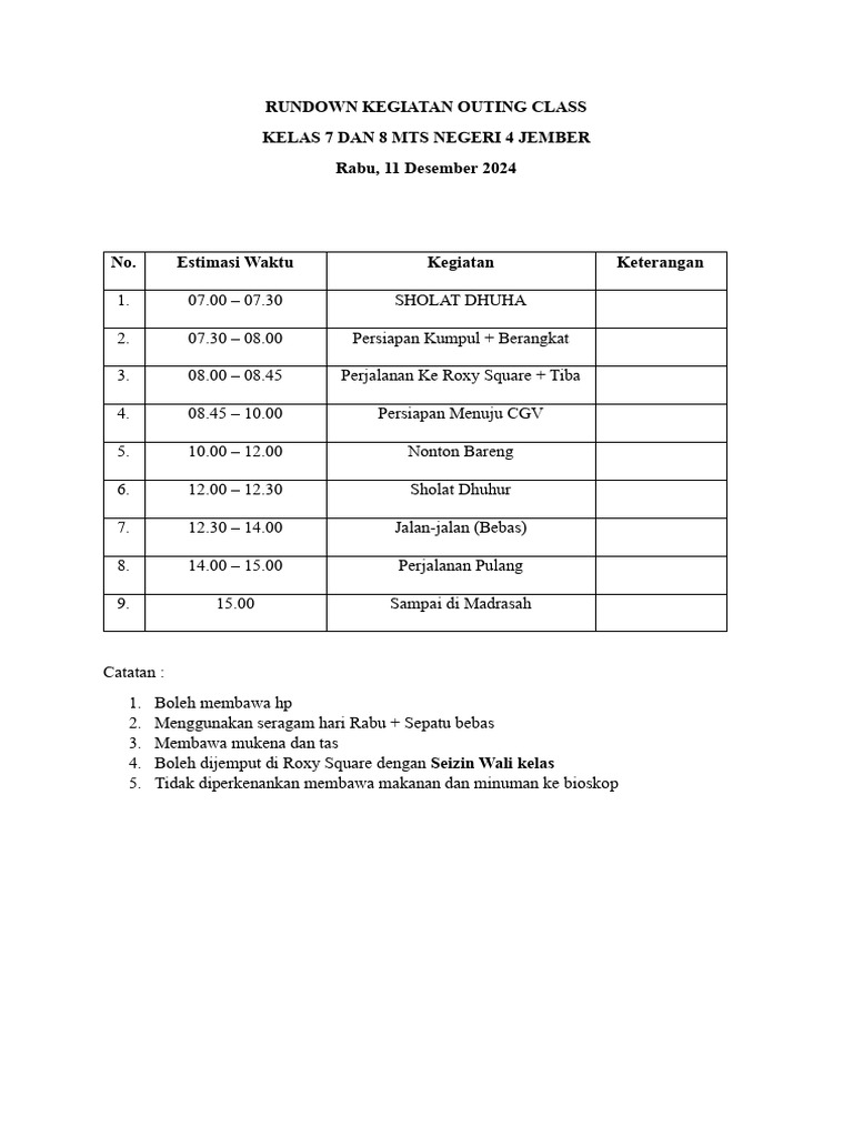 RUNDOWN KEGIATAN OUTING CLASS | PDF