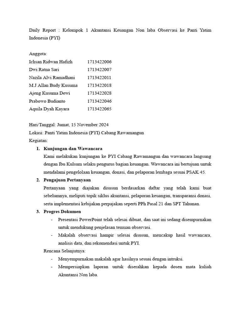 Daily Report - Kelompok 1 Akuntansi Keuangan Non Laba Observasi Ke Panti Yatim Indonesia (PYI) | PDF