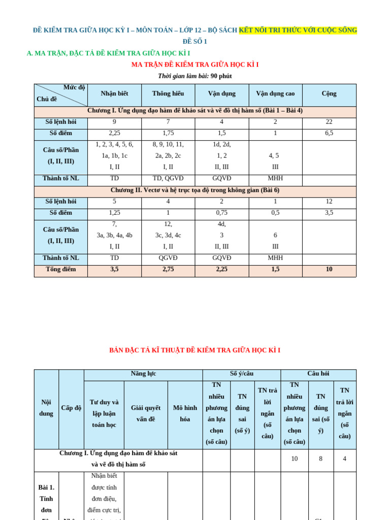 10 de Kiem Tra Giua Hoc Ky 1 Toan 12 Ket Noi Tri Thuc Voi Cuoc Song | PDF