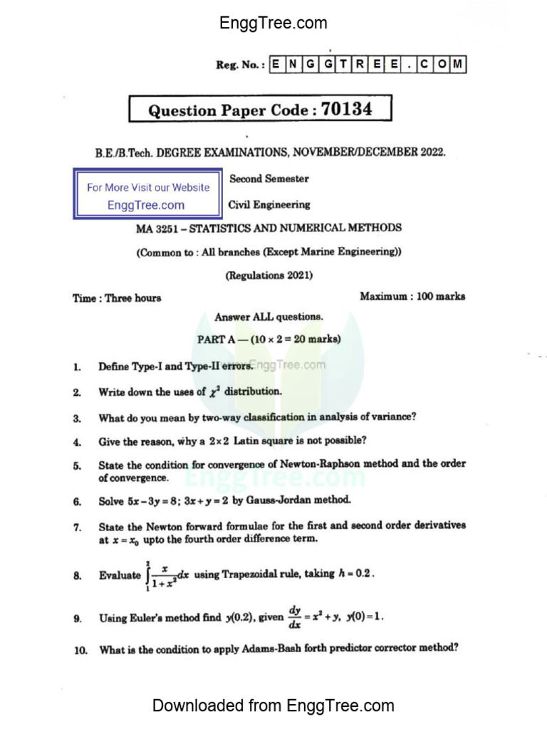 Ma3251 Statistics And Numerical Methods Nov Dec 2022 Question Paper Download Pdf