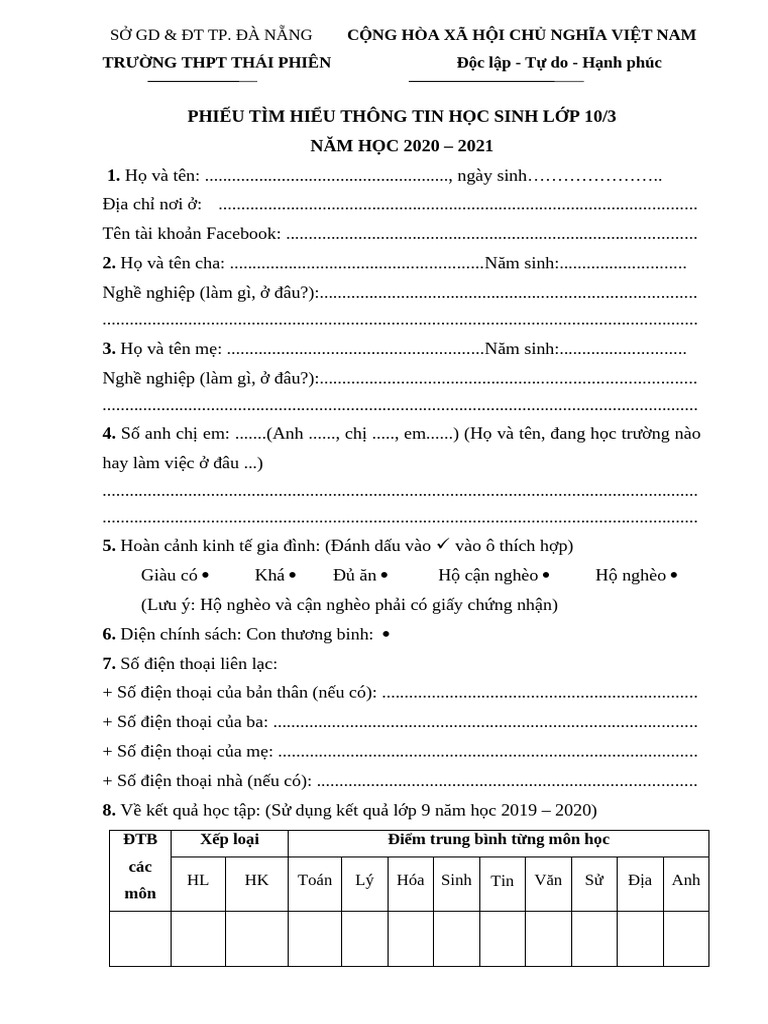 Mau Phieu Tim Hieu Thong Tin Hoc Sinh Lop 1003 | PDF
