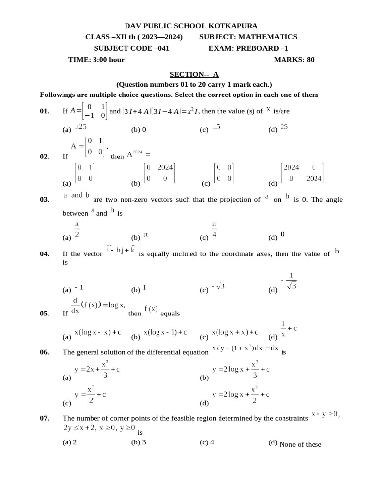 Class XII Maths Practice Paper-2 (Pre-Board) | PDF | Function ...