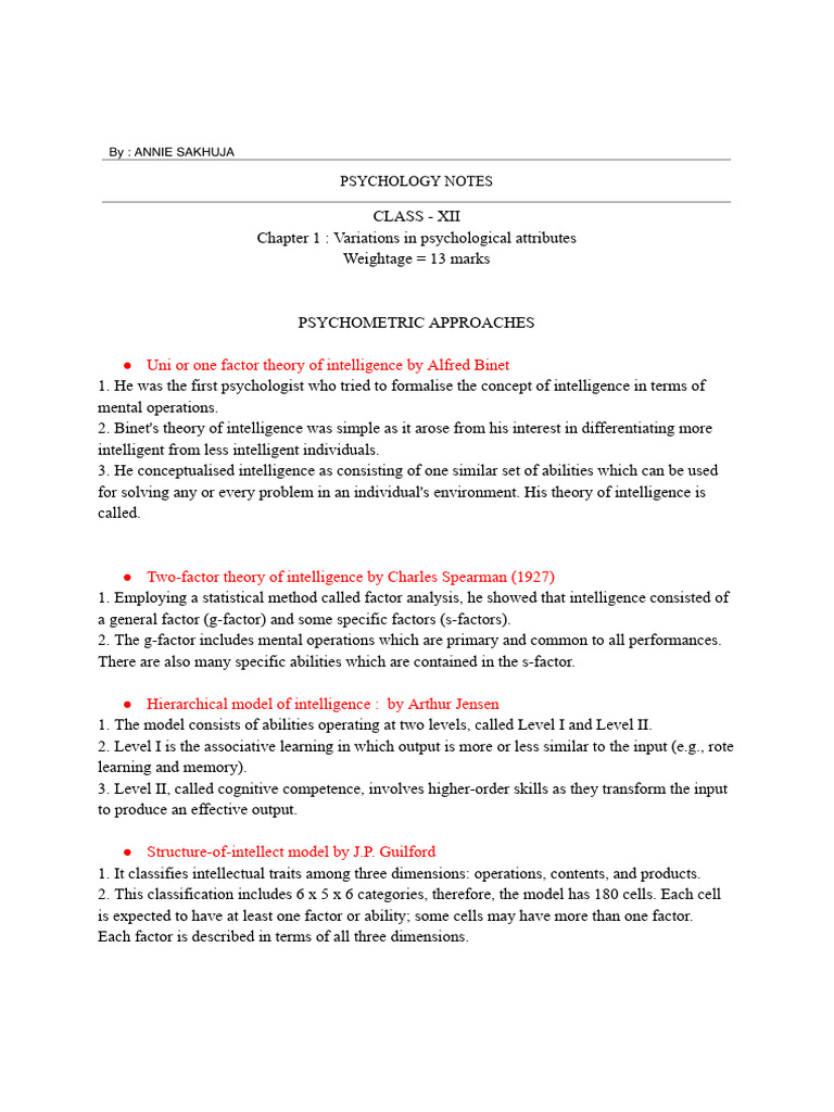 Notes Class 12 Chapter 1 | PDF | Intelligence | Cognition