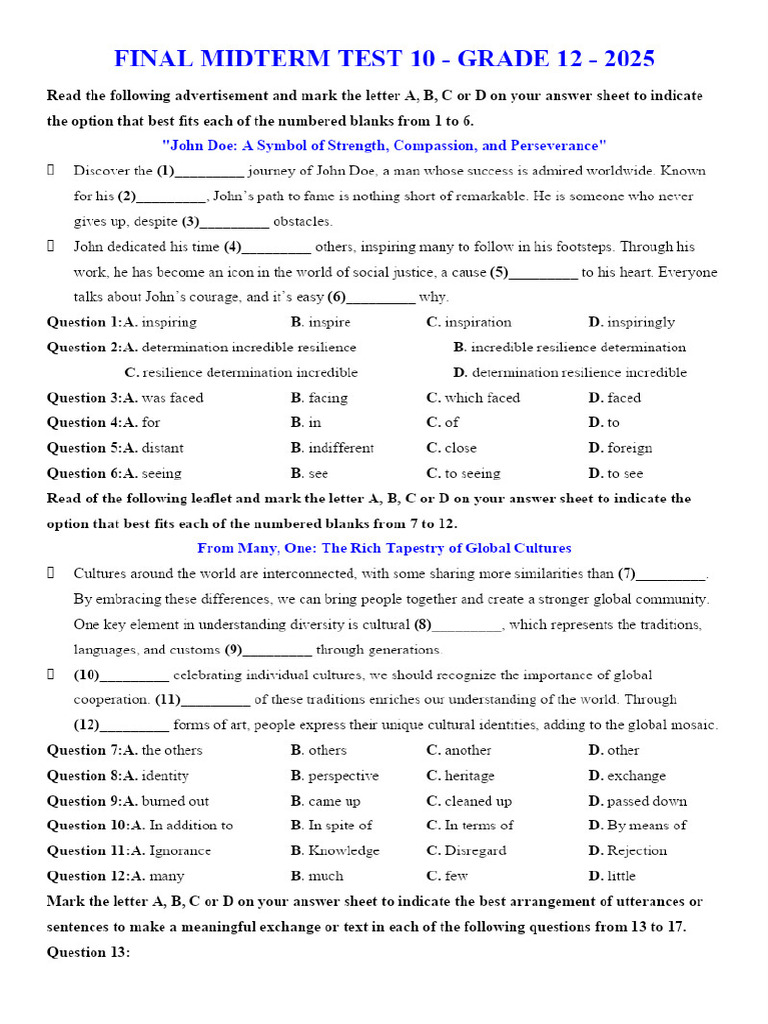 Test 10 Grade 12 Form 2025 | PDF