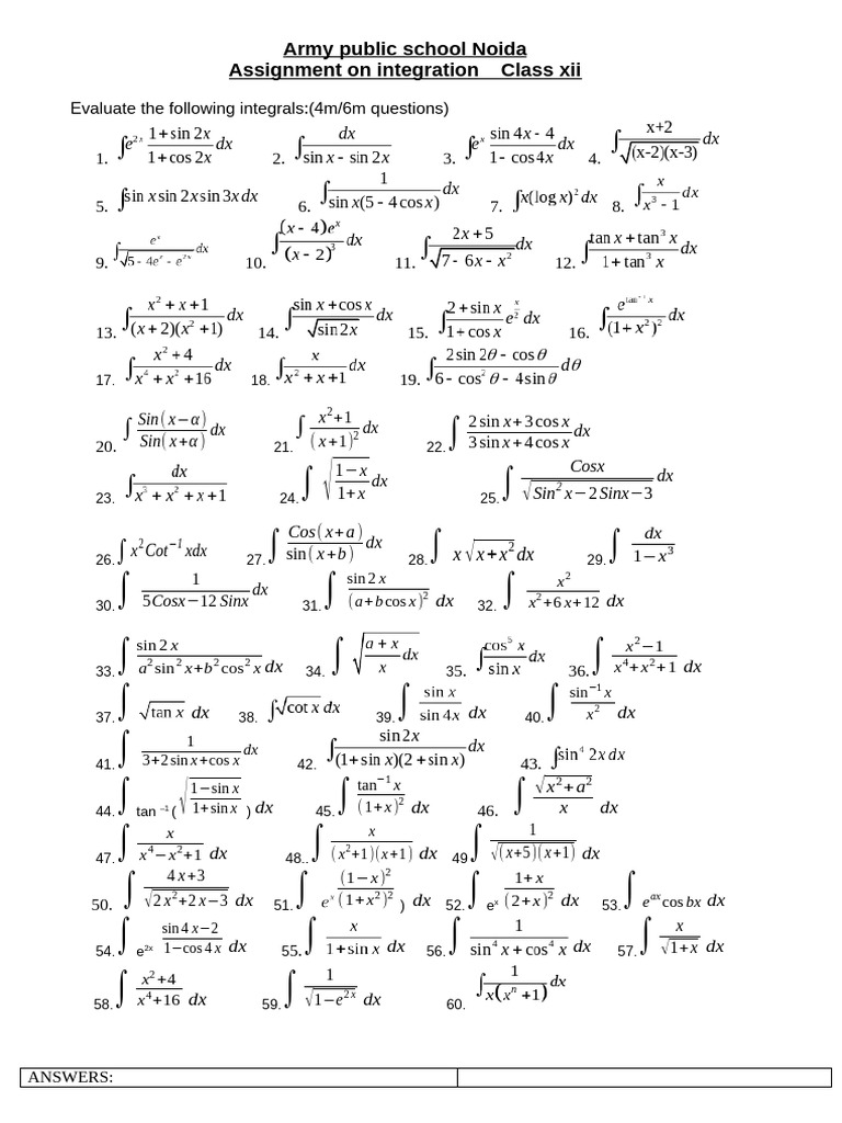 Worksheet On Integration | PDF