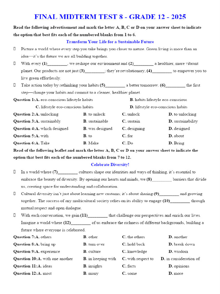 Test 8 Grade 12 Form 2025 | PDF