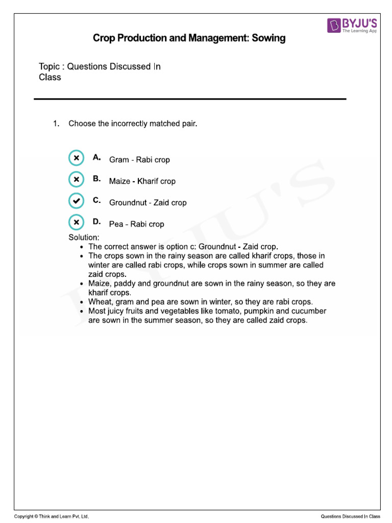 Crop Production and Management - Sowing - in Class | PDF