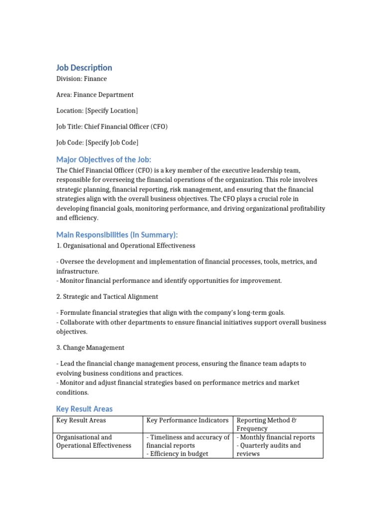 Chief Financial Officer Job Description | PDF | Chief Financial Officer ...