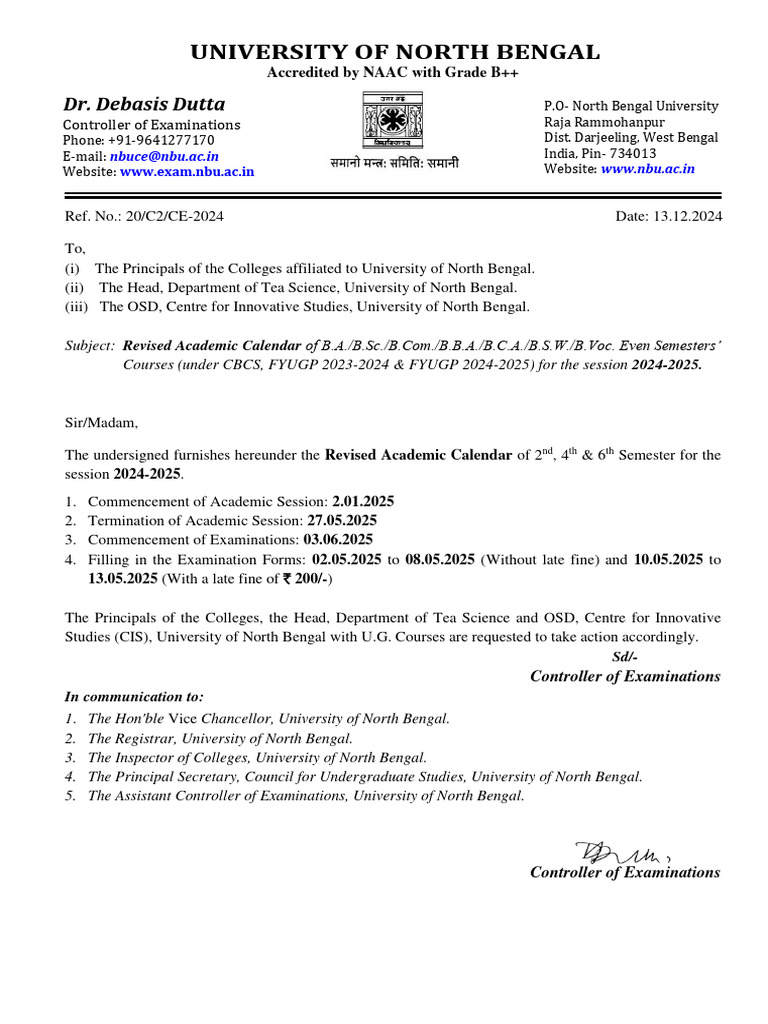NBU Revised Academic Calendar 2024-25 | PDF