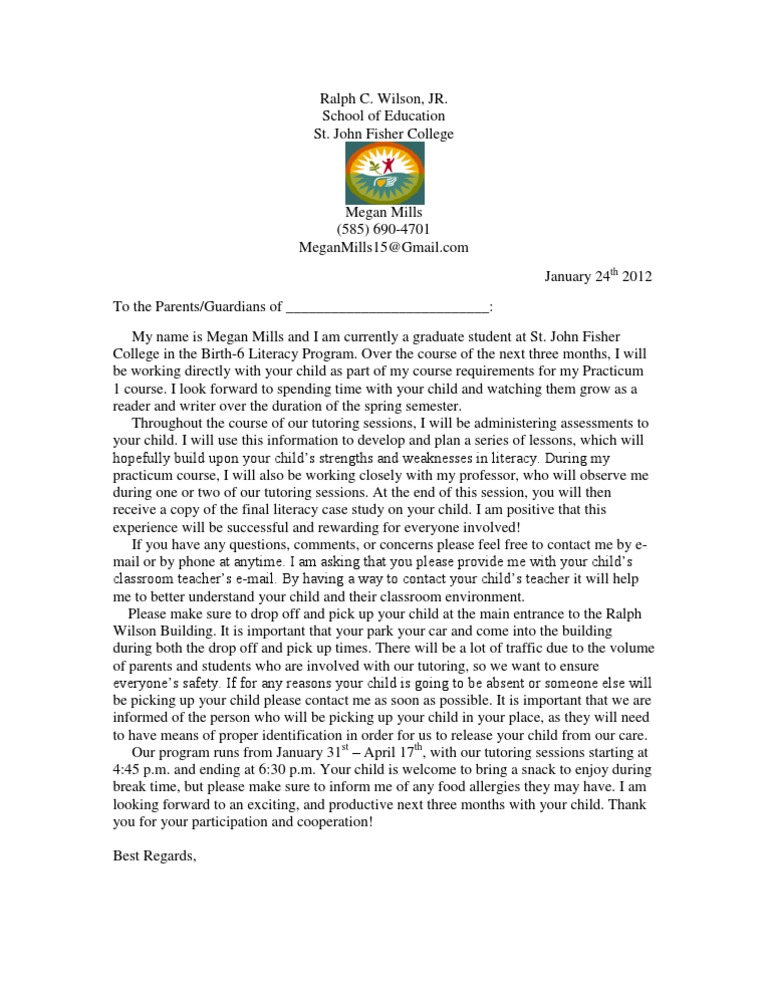 Parent Letter for Practicum | Literacy | Teachers