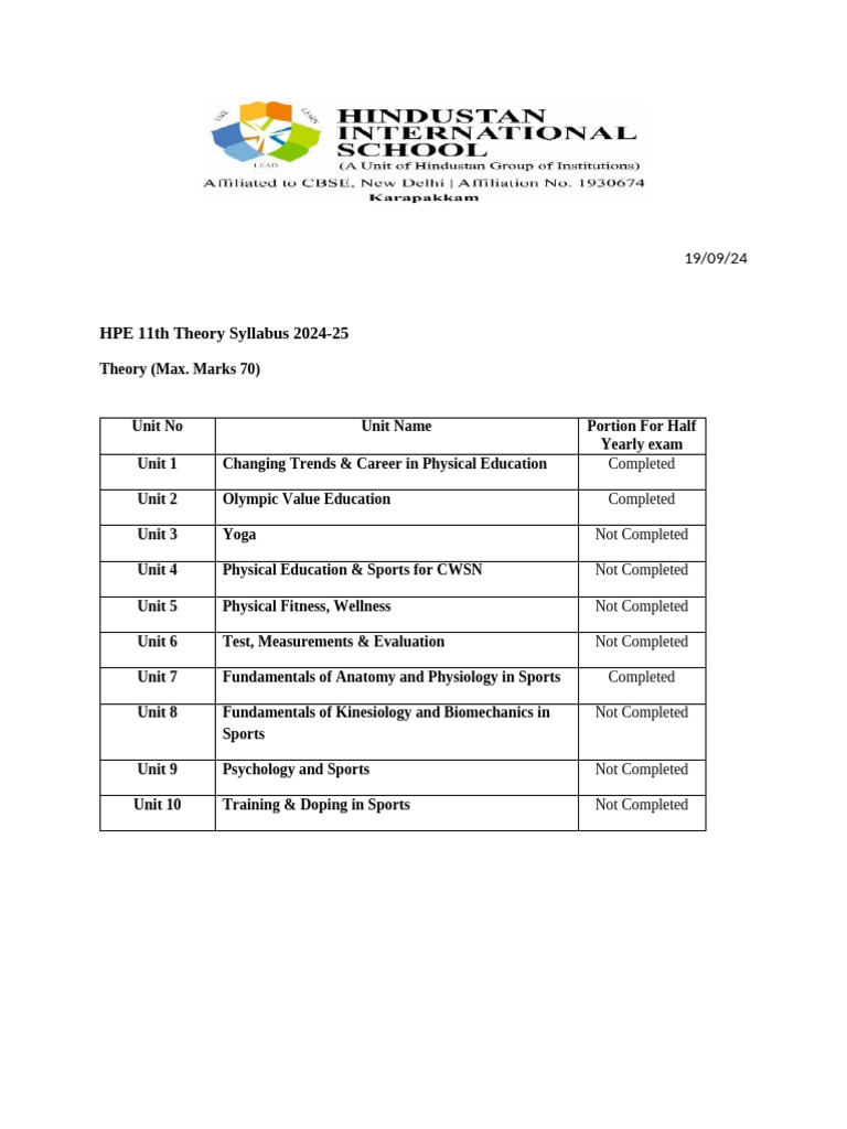 HPE 11th & 12th Theory and Practical Syllabus 2024-25 | PDF | Physical ...