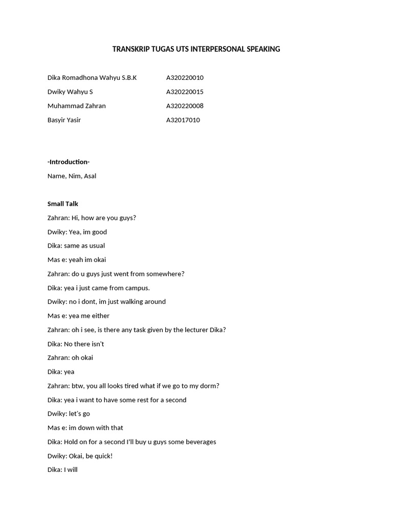 Transkrip Tugas Uts Interpersonal Speaking | PDF