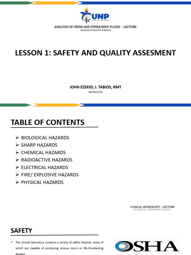 Lesson 1 Safety and Quality Assessment | PDF | Infection | Laboratories