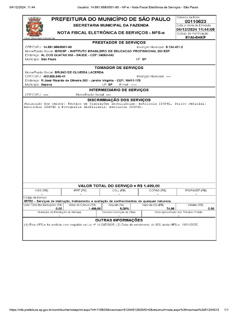 Nota Fiscal BRUNO DE OLIVEIRA LACERDA | PDF