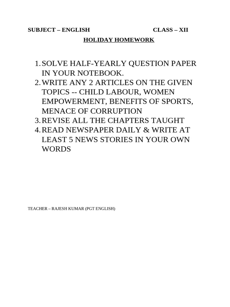 Holiday Homework -- English | PDF
