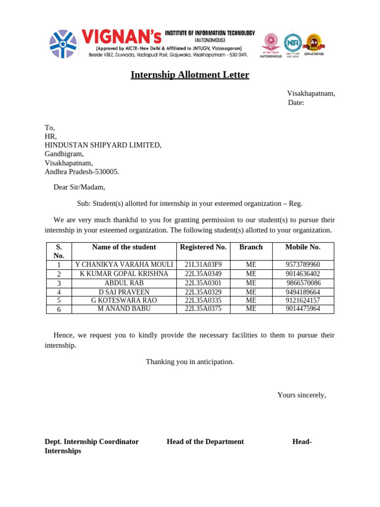 4-2 INTERNSHIP HSL - Allotment | PDF