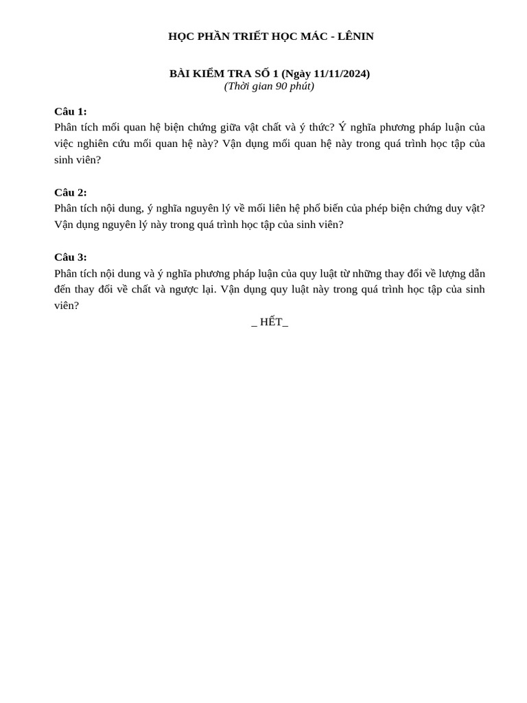 Bkt Số 1 - Triết Giữa Kỳ (11!11!2024) | PDF