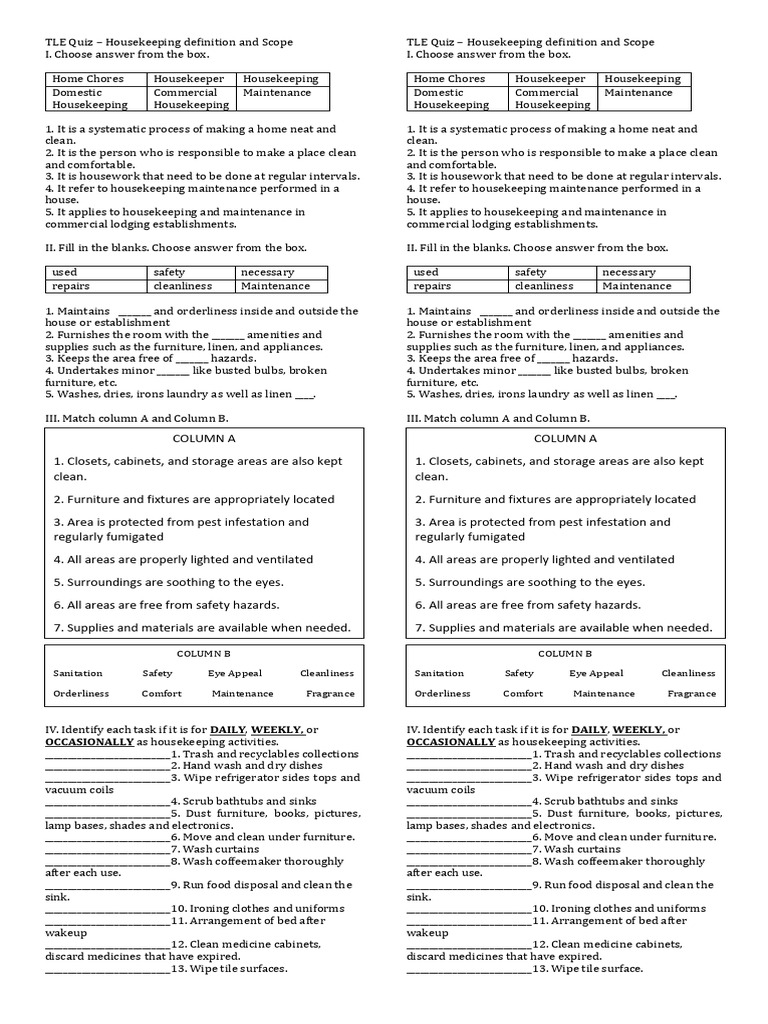 TLE Quiz -Housekeeping Scope and Definition | PDF | Housekeeping | Hygiene