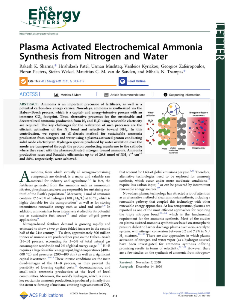 Plasma Activated Electrochemical Ammonia Synthesis ACS Energy Lett 2021 ...