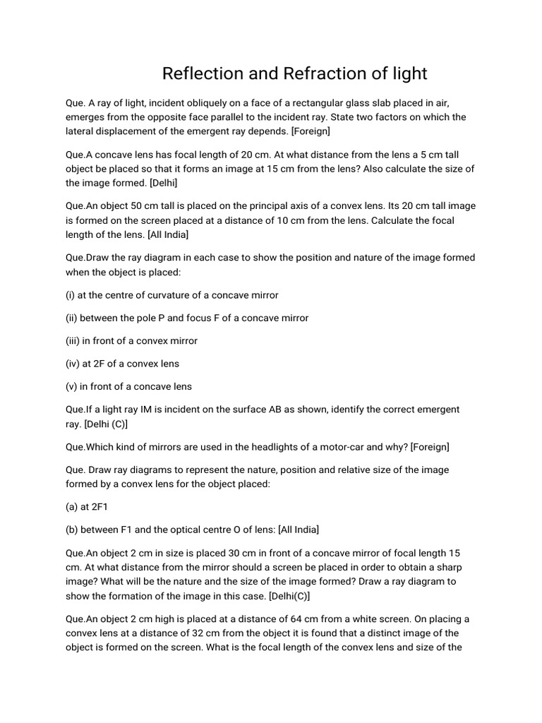 10th Refraction Numerical Questions | PDF | Mirror | Optics