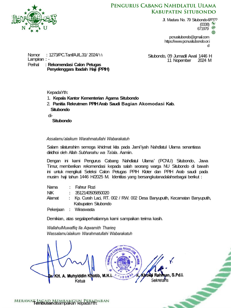 1274. Surat Rekomendasi Petugas PPIH (Fahrur Rozi)(1) | PDF