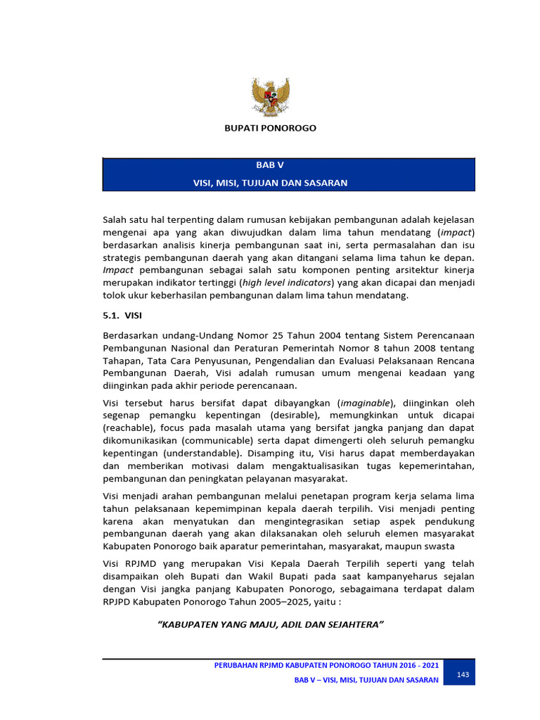 Bab 5. Visi Misi Tujuan Dan Sasaran Perubahan RPJMD 2016-2021 A | PDF