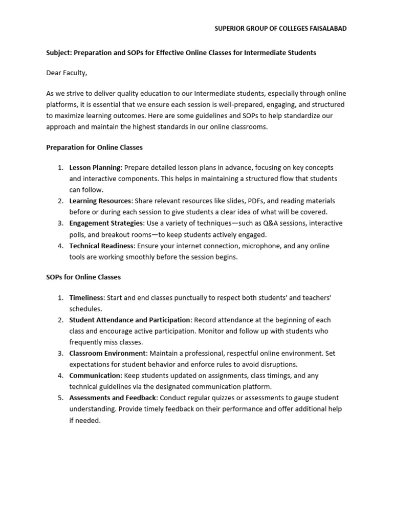 SOPs For Online Classes-Teachers | PDF | Communication | Human ...