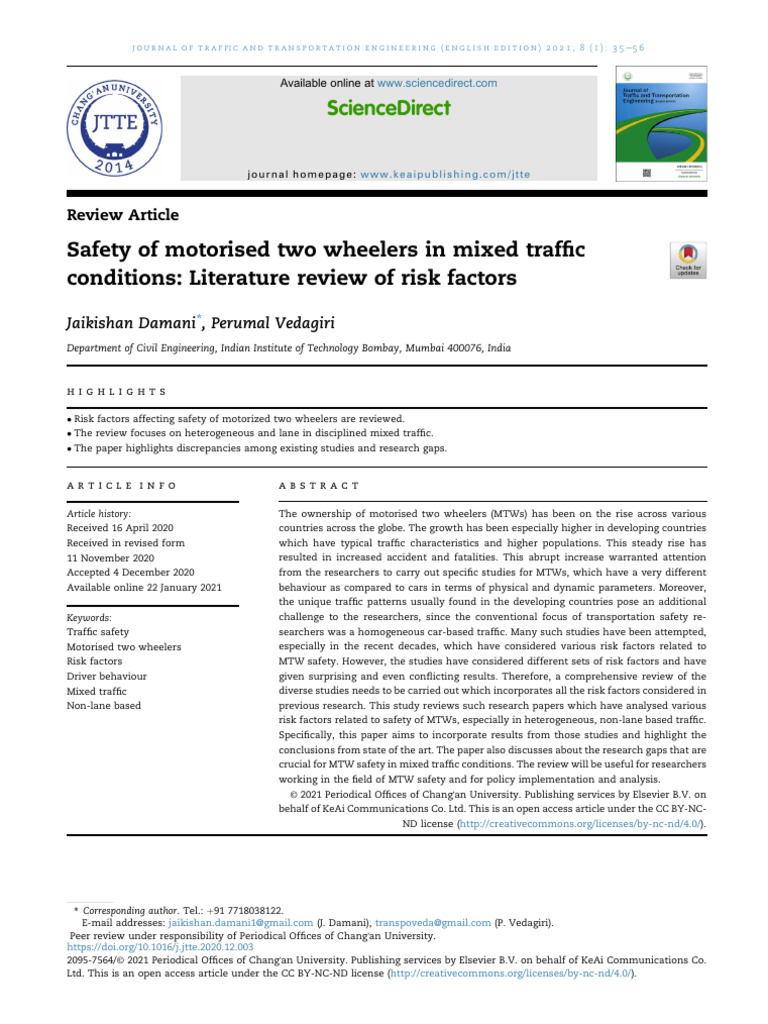 Safety of motorised two wheelers in mixed traffic conditions Literature ...