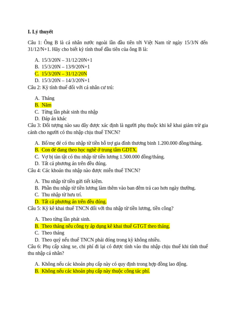 Trắc nghiệm thuế TNCN và thuế XNK | PDF